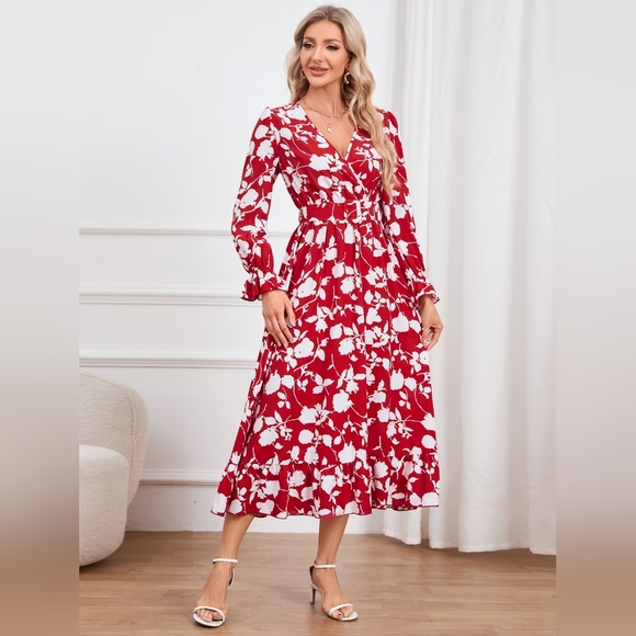 Dresses | Belted Contrasting Floral Surplice Vneck Long Sleeve Ruffle ...